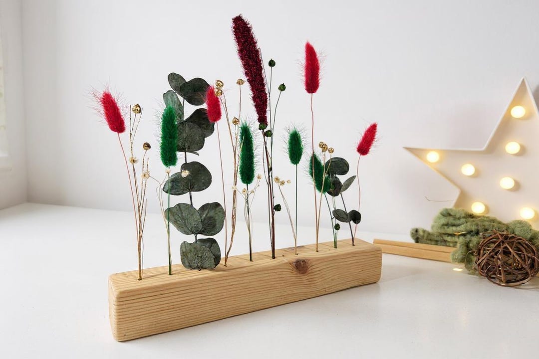 Dried Flower Bar Centerpiece, Red Green Eucalyptus, Handmade Wood - Etsy