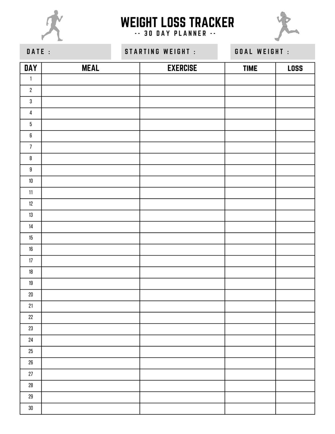 30 Day Weight Loss Tracker Printable, Weight Loss Challenge, Weight ...