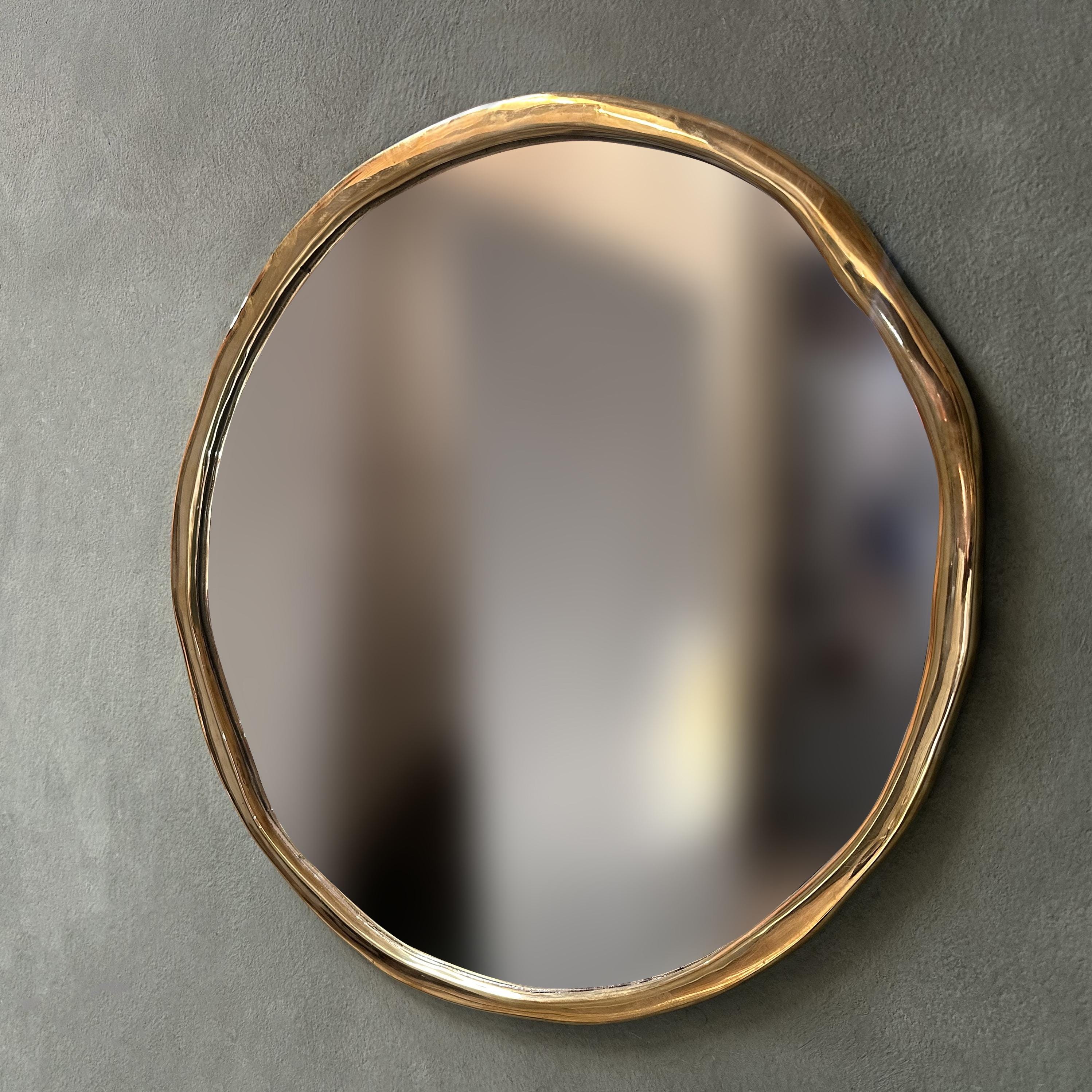 Round Solid Brass Wall Mirror, Heavy Unlacquered Brass Bathroom Mirror ...