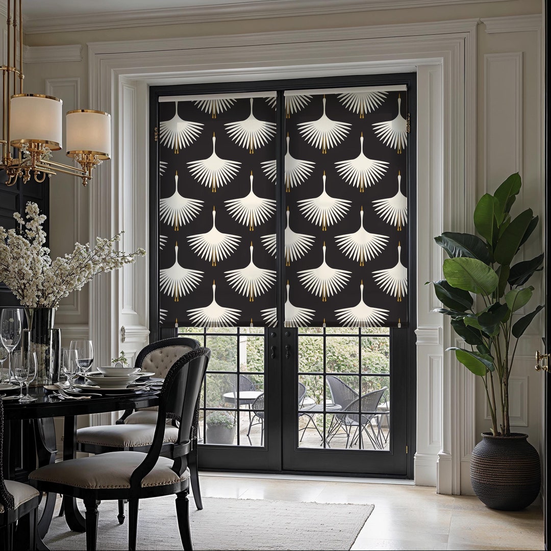 Black Japanase Crane Window Blinds and Shades French Door, Chinoiserie ...