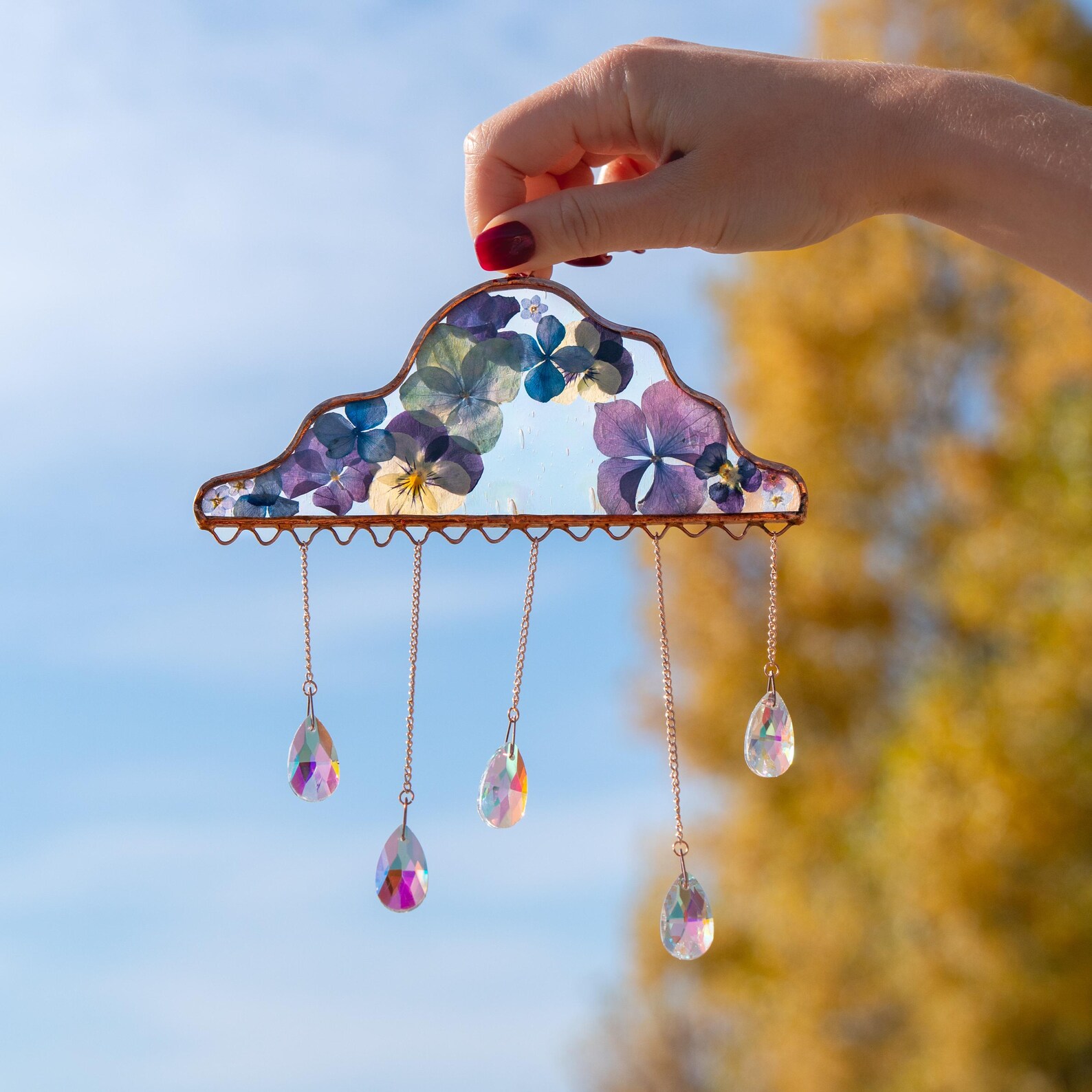 Stained Glass Cloud Sun Catcher With Pressed Flowers and Crystal ...