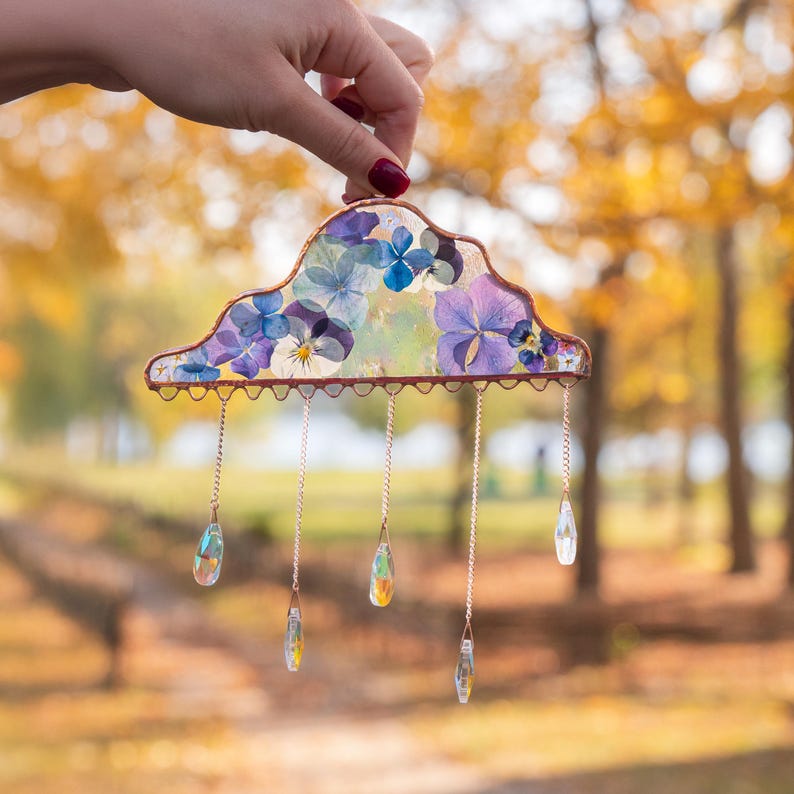 Stained Glass Cloud Sun Catcher With Pressed Flowers and Crystal ...