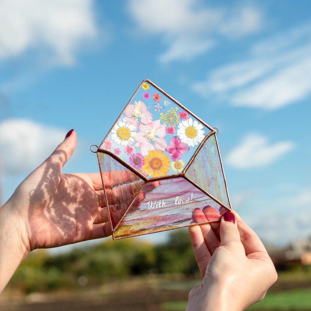 Envelope Stained Glass Window Hangings Framed Dried Flowers Valentines ...