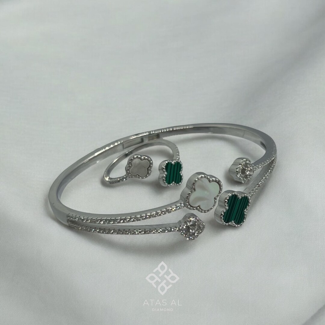 Clover Stone Set French 925 Sterling Silver Handcuff Bracelet Ring Set ...