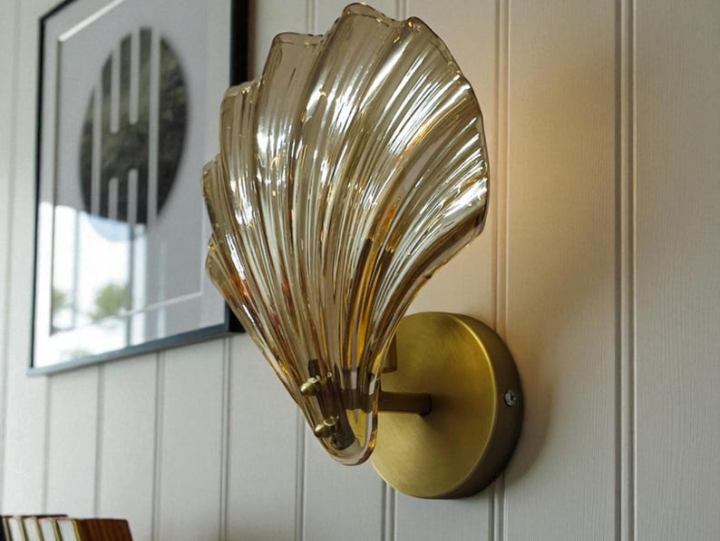 Handmade Amber Shell Wall Sconce – Glass Oyster Light for Bedroom ...