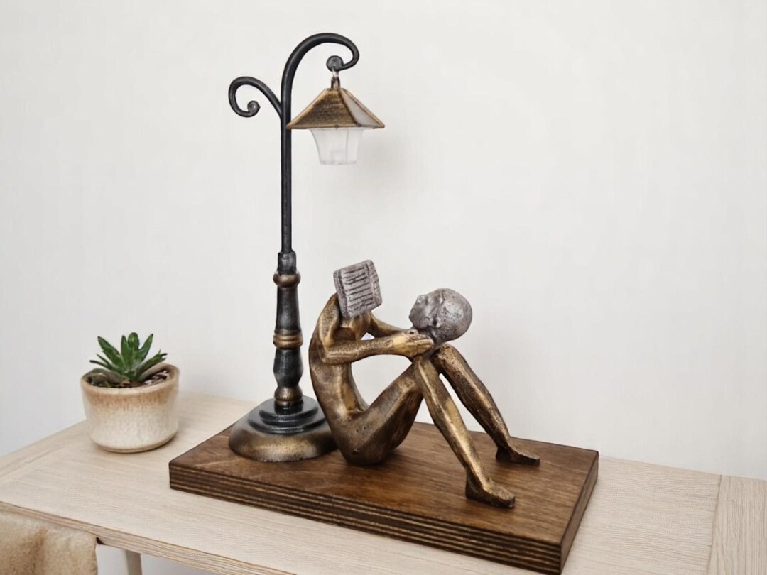 Handmade Reading Man Under Street Lamp – Wooden Figurine, Decorative ...
