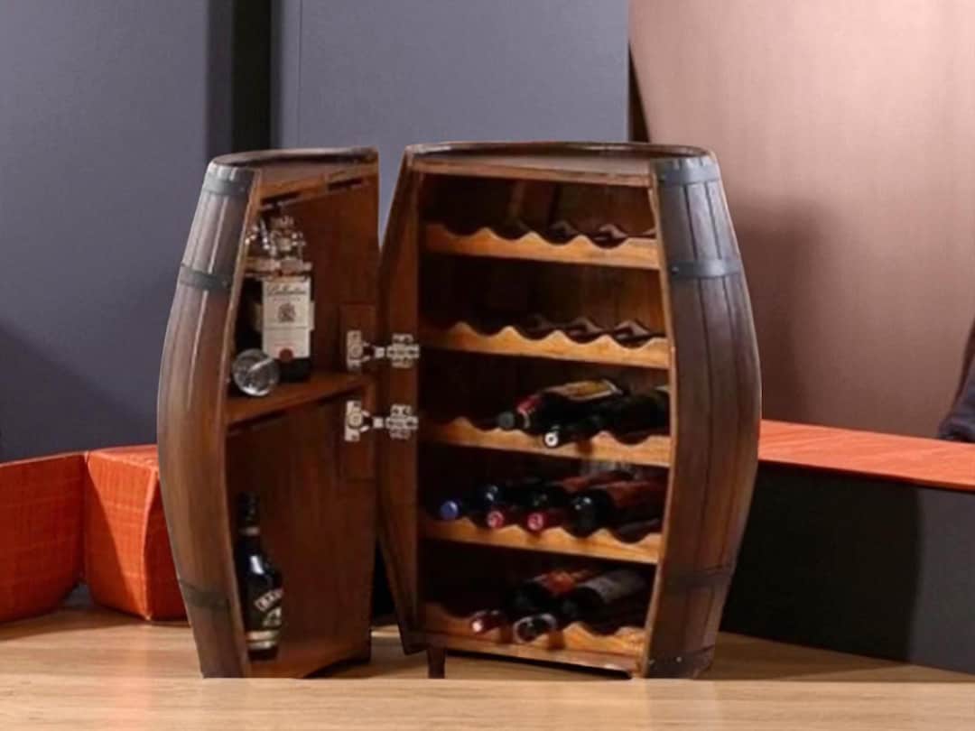 Handmade Barrel Mini Bar Cabinet – Rustic Wine & Liquor Storage With ...
