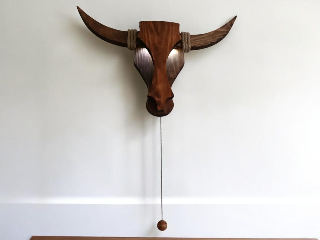 Handmade Wooden Bull Head Wall Lamp | Rustic Battery Operated Wall ...