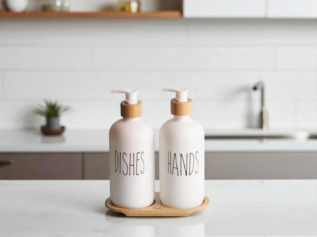 Handmade White Soap Dispenser Set – 2x500ml With Bamboo Tray, Kitchen ...