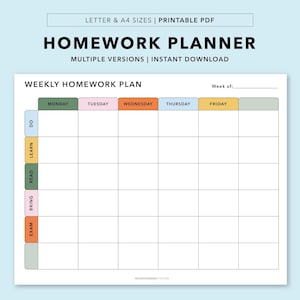 Printable Kid Homework Planner, Teen Schedule Tracker, College Student ...