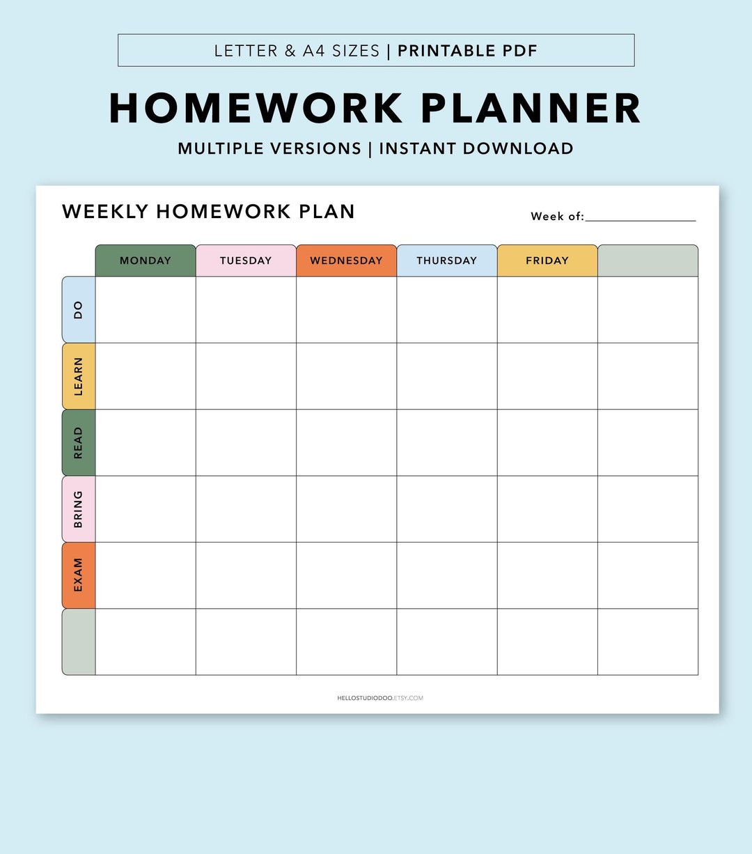 Printable Kid Homework Planner, Teen Schedule Tracker, College Student ...