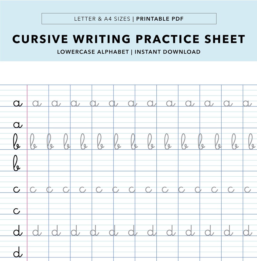 Cursive Writing Practice Sheet: Lowercase Alphabet, French Ruled Paper ...