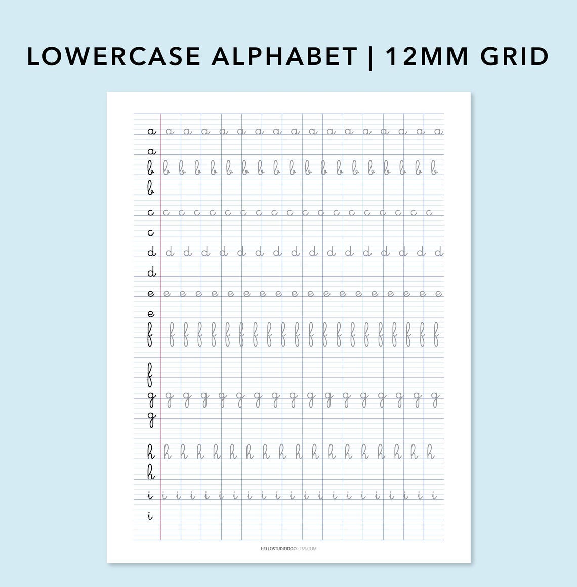 Cursive Handwriting Practice Sheet: Lowercase Alphabet, Large 12MM Grid ...