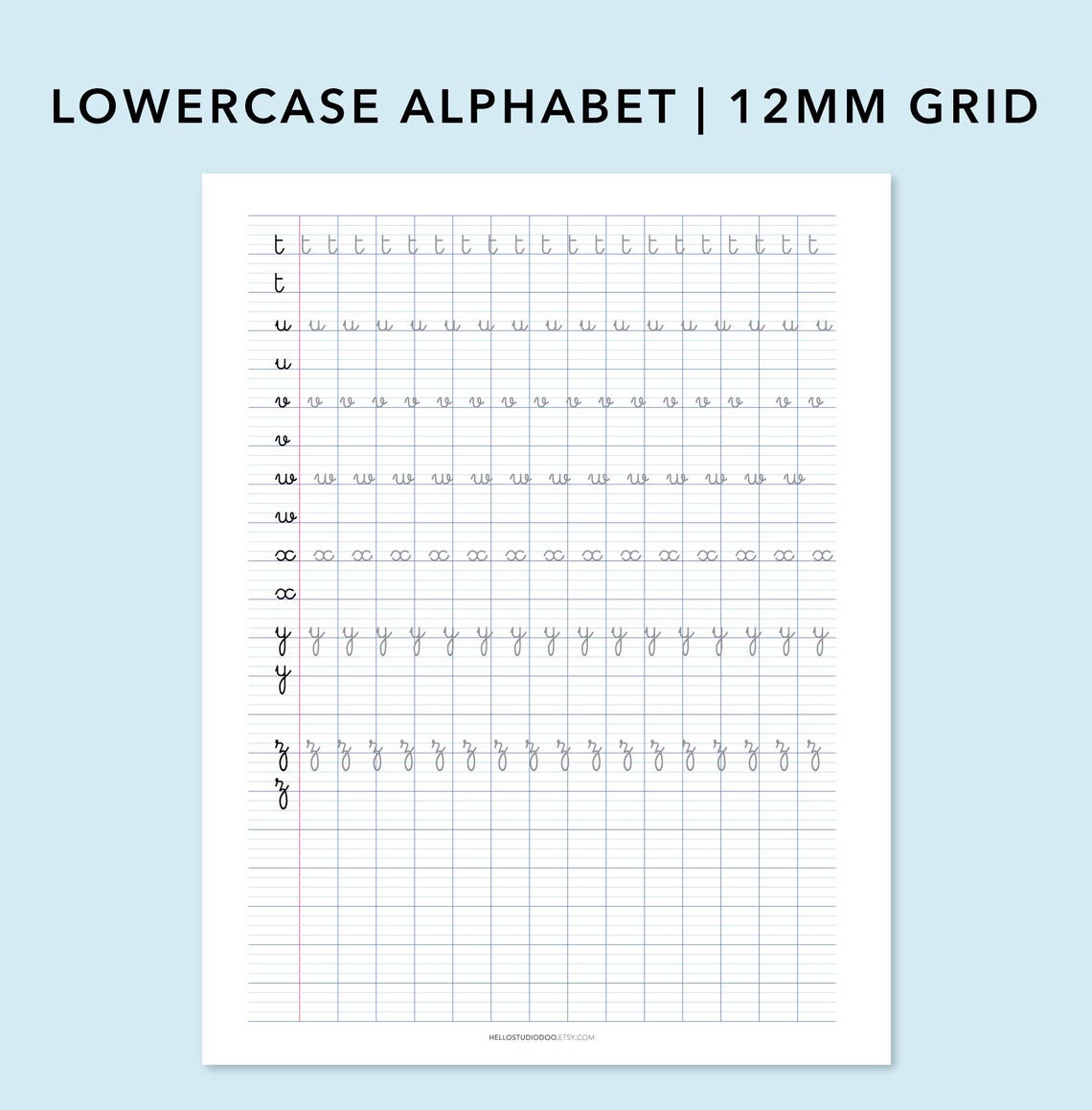 Cursive Handwriting Practice Sheet: Lowercase Alphabet, Large 12MM Grid ...