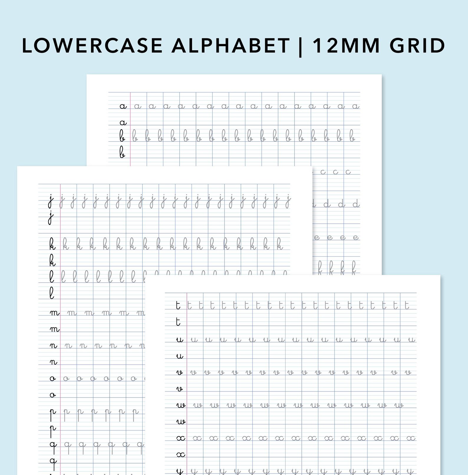 Cursive Handwriting Practice Sheet: Lowercase Alphabet, Large 12MM Grid ...