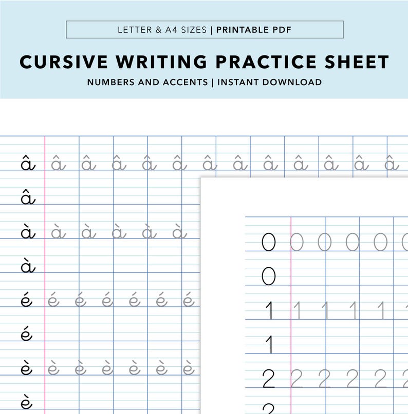 Cursive Writing Practice Sheet: Numbers and Accents, French Ruled Paper ...
