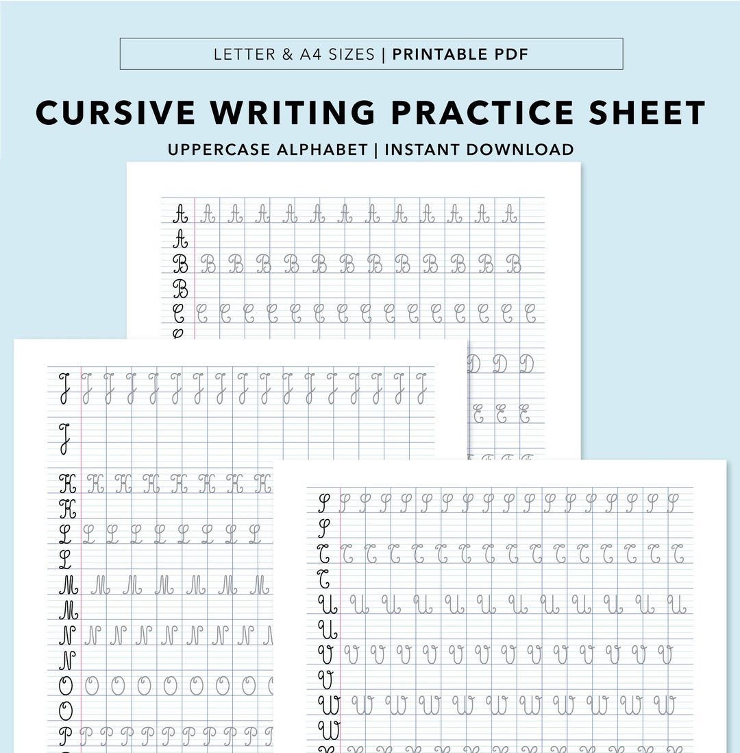 Cursive Writing Practice Sheet: Uppercase Alphabet, French Ruled Paper ...