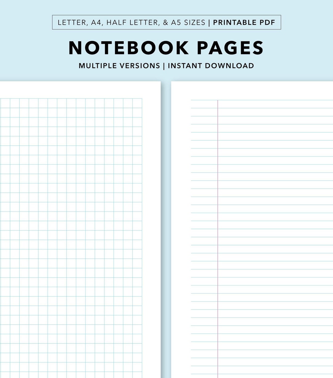 Printable Lined Grid Notebook Pages, Writing Paper, College Student ...