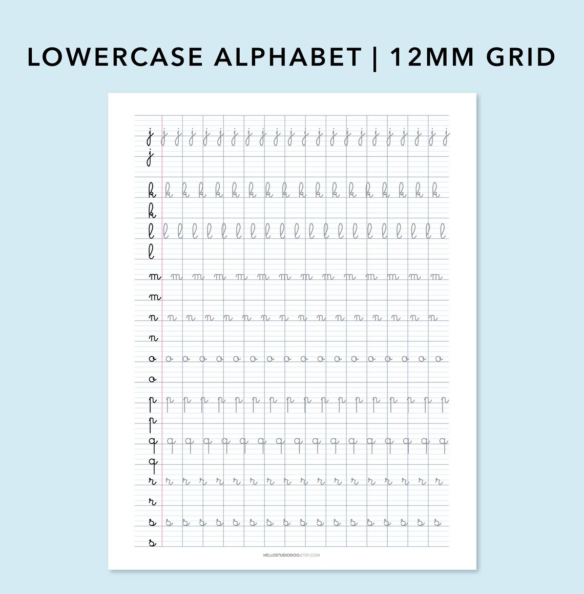 Cursive Handwriting Practice Sheet: Lowercase Alphabet, Large 12MM Grid ...