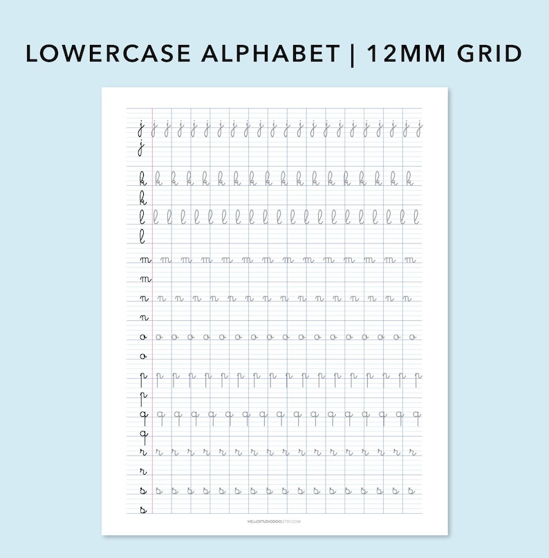 Cursive Handwriting Practice Sheet: Lowercase Alphabet, Large 12MM Grid ...