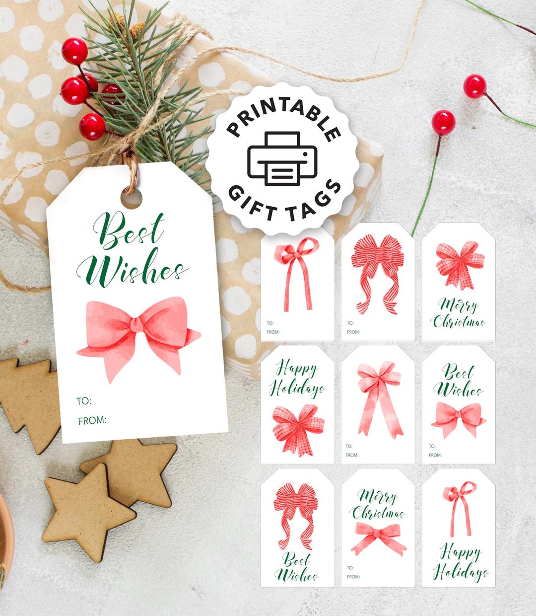 Printable Christmas Gift Tags, Coquette Bows, Bundle, Instant Download ...