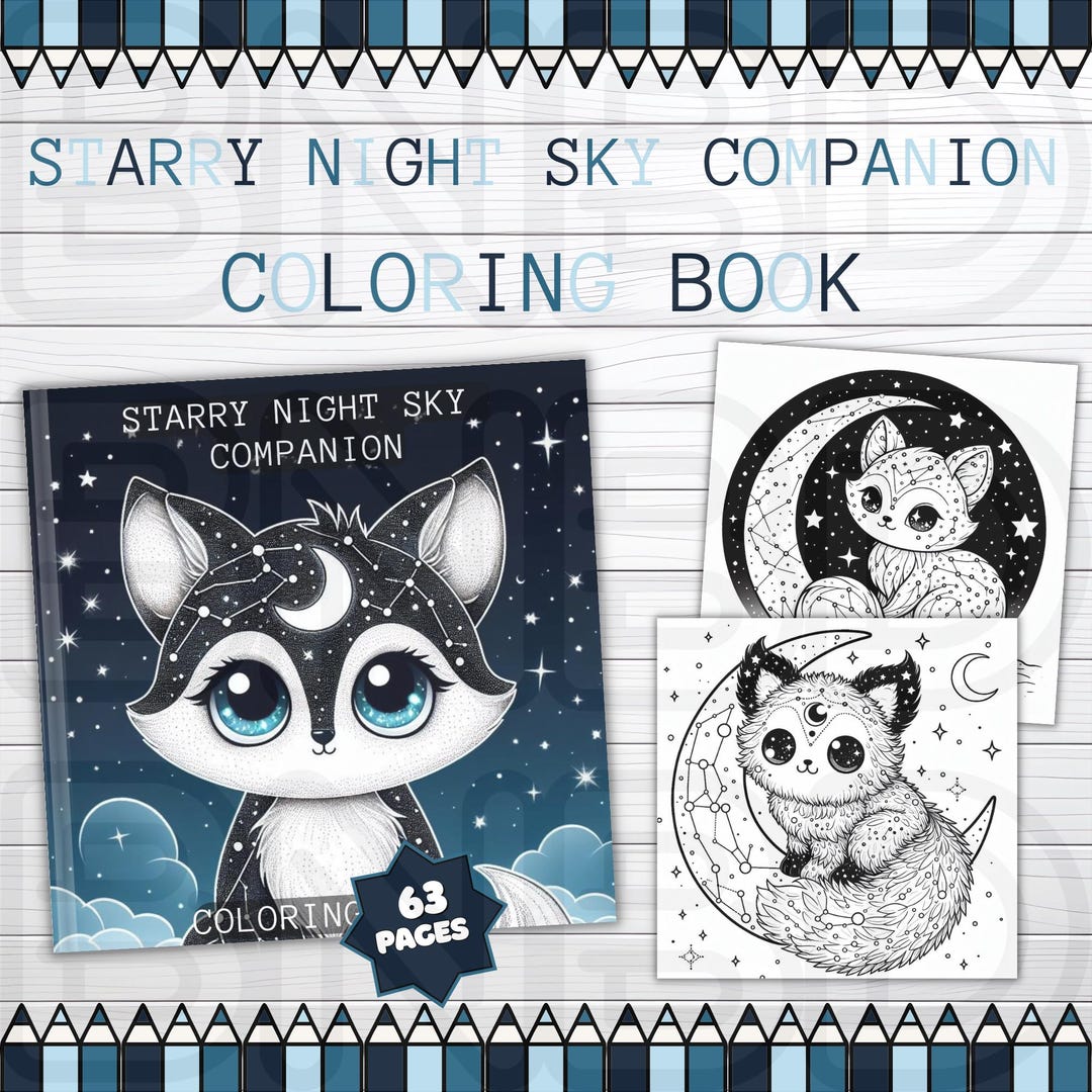 63 Starry Night Sky Companion Coloring Book, Grayscale, Kawaii Foxes ...