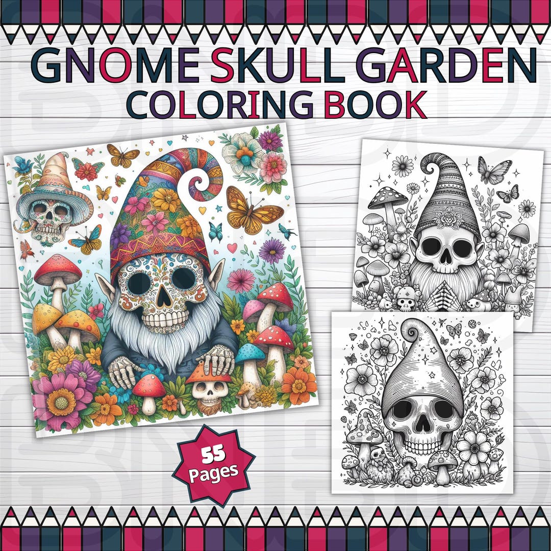 55 Gnome Skull Garden Coloring Book, Grayscale, Skull Tattoo Designs ...