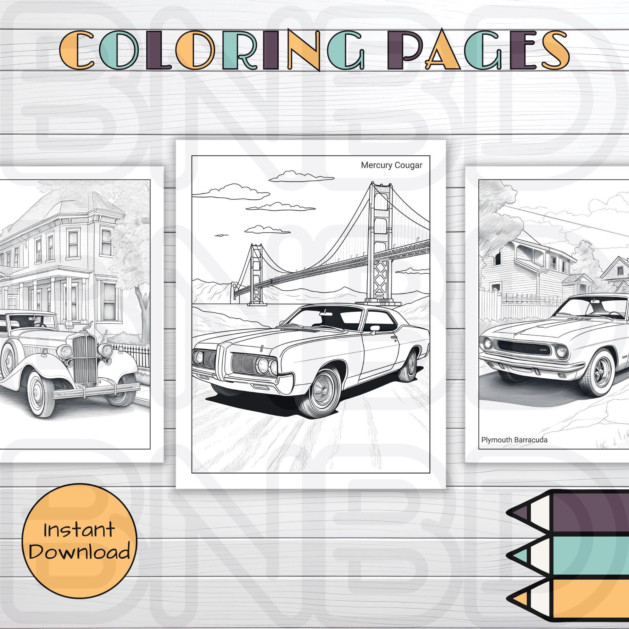 40 Vintage Cars Coloring Pages, Shaded and Grayscale, Classic Cars and ...