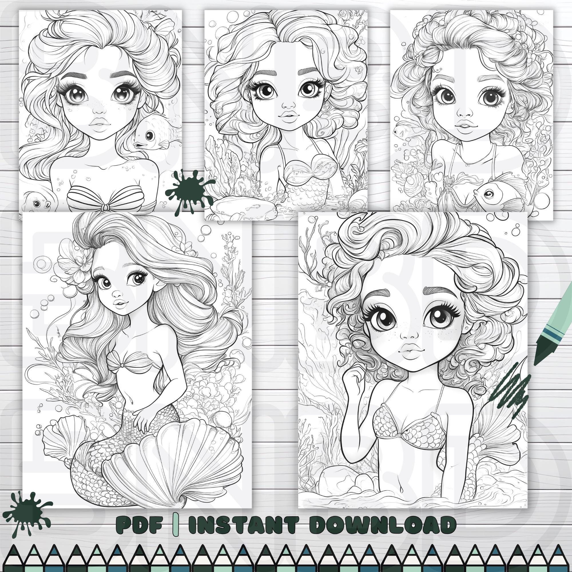 44 Mesmerizing Mermaids Coloring Book, Chibi Mermaids, Handdrawn ...