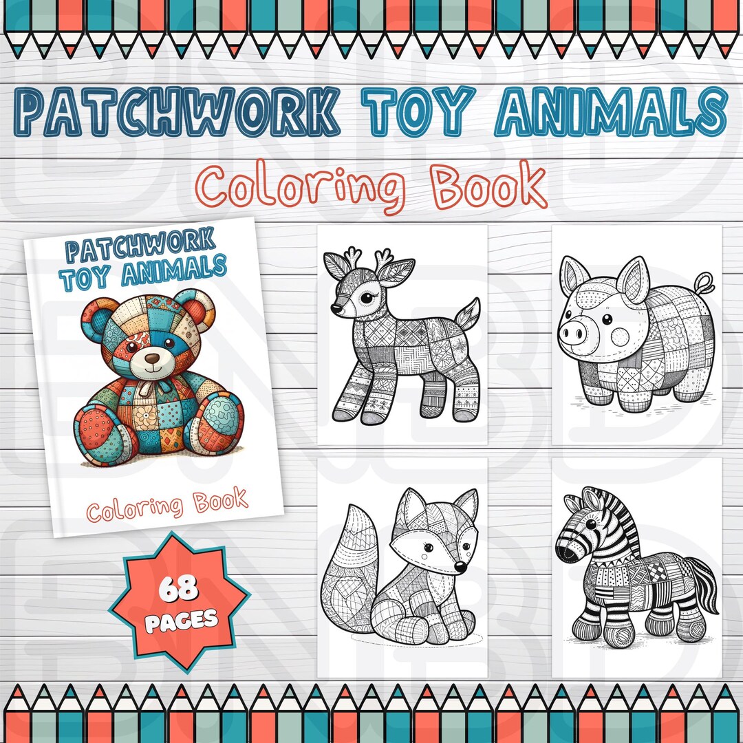 68 Patchwork Toy Animals Coloring Book, Grayscale Coloring Pages, Art ...