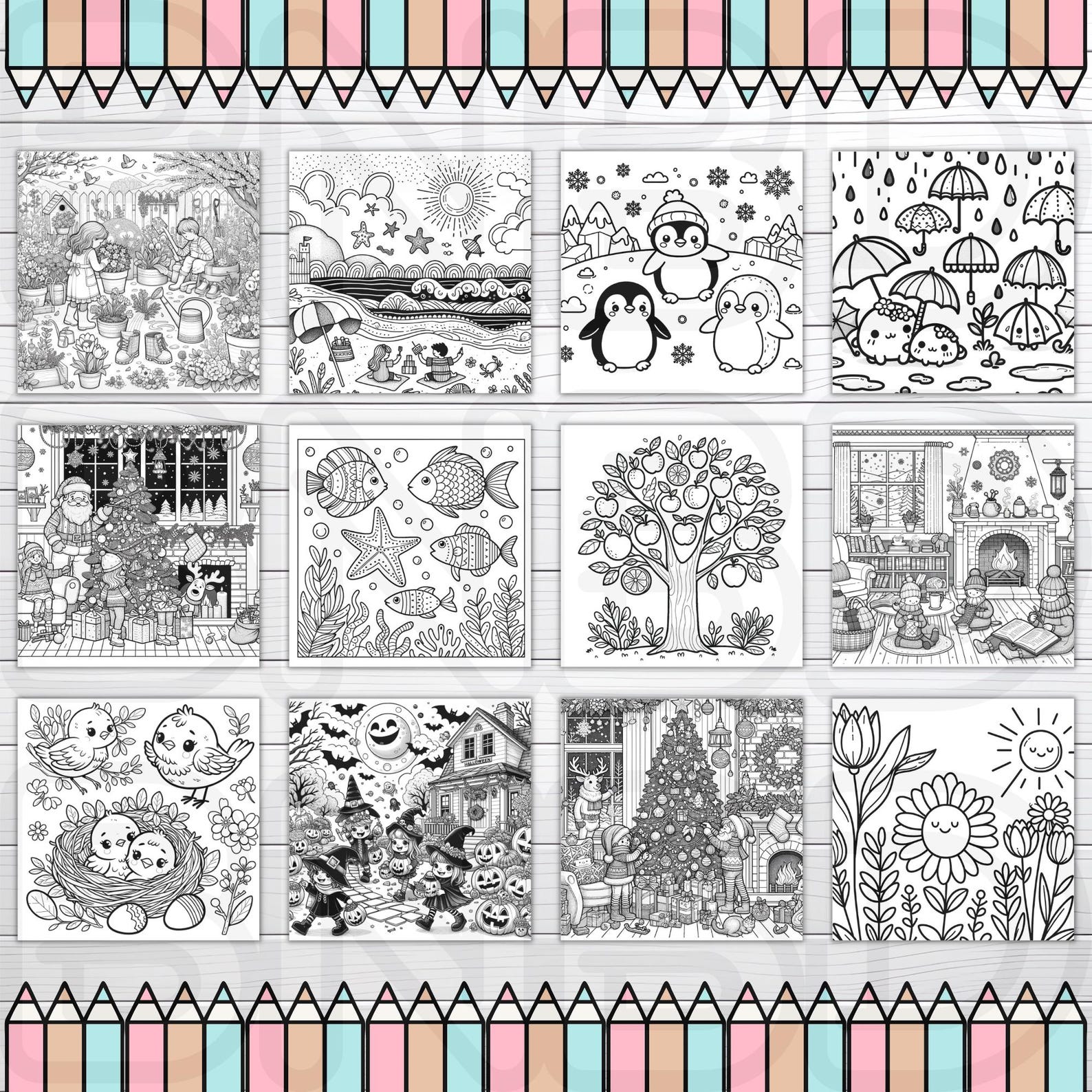 43 Seasons Change Coloring Pages, 8.5x8.5", Grayscale Shaded Pictures ...