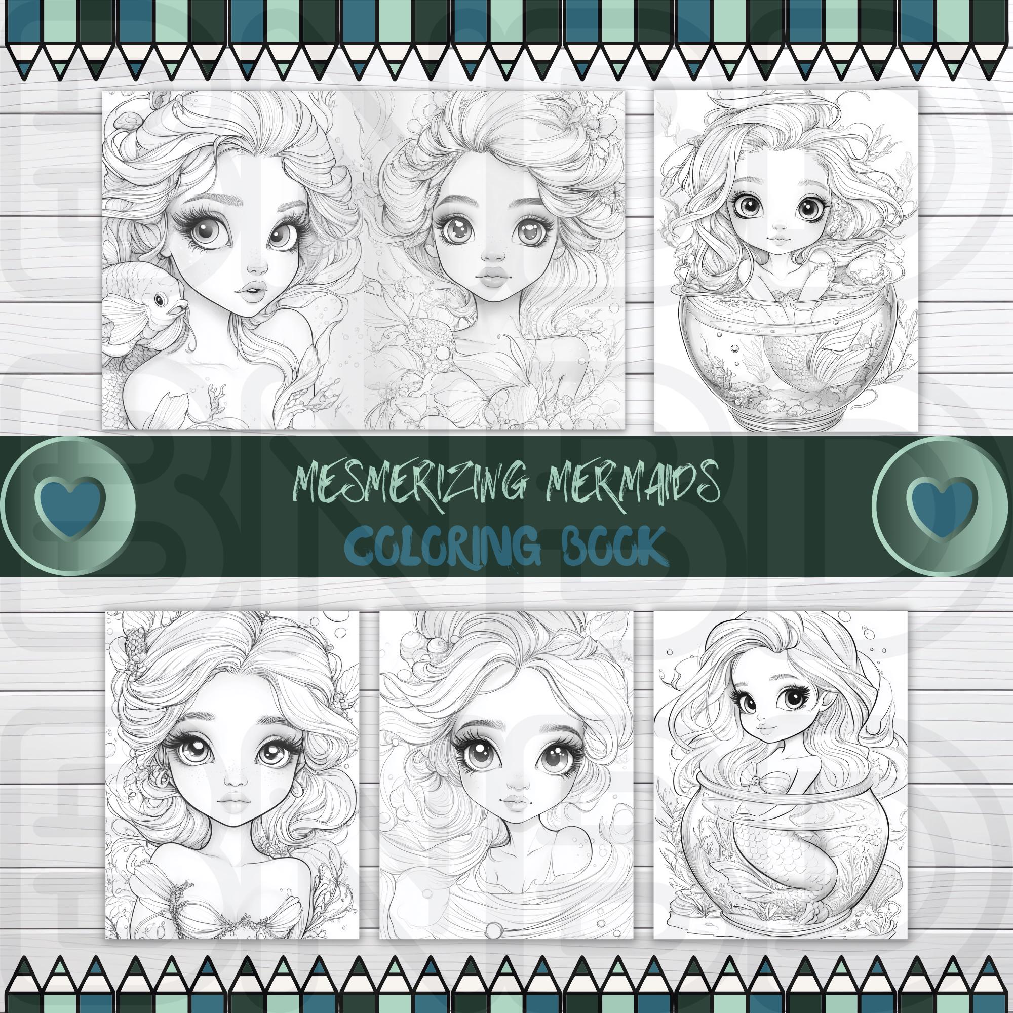 44 Mesmerizing Mermaids Coloring Book, Chibi Mermaids, Handdrawn ...