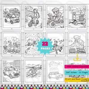 22 Vehicle Themed Coloring Book, Kids Coloring Book, Printable Coloring ...