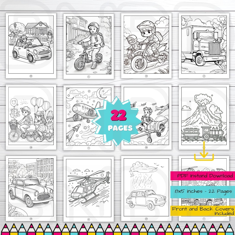22 Vehicle Themed Coloring Book, Kids Coloring Book, Printable Coloring ...