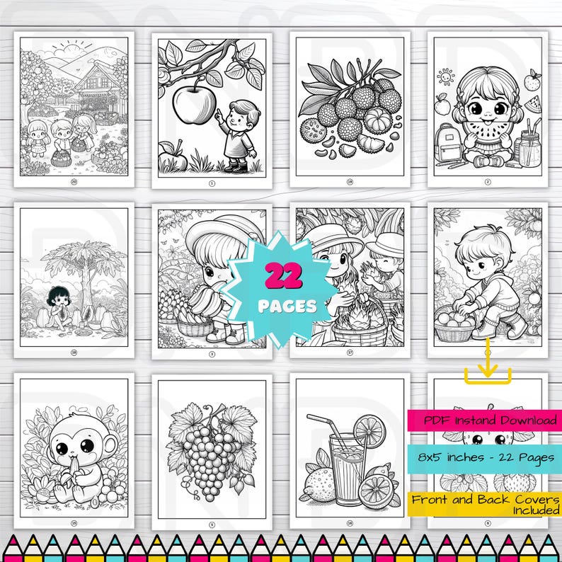 22 Fruit Themed Coloring Book, Kids Coloring Book, Printable Coloring ...