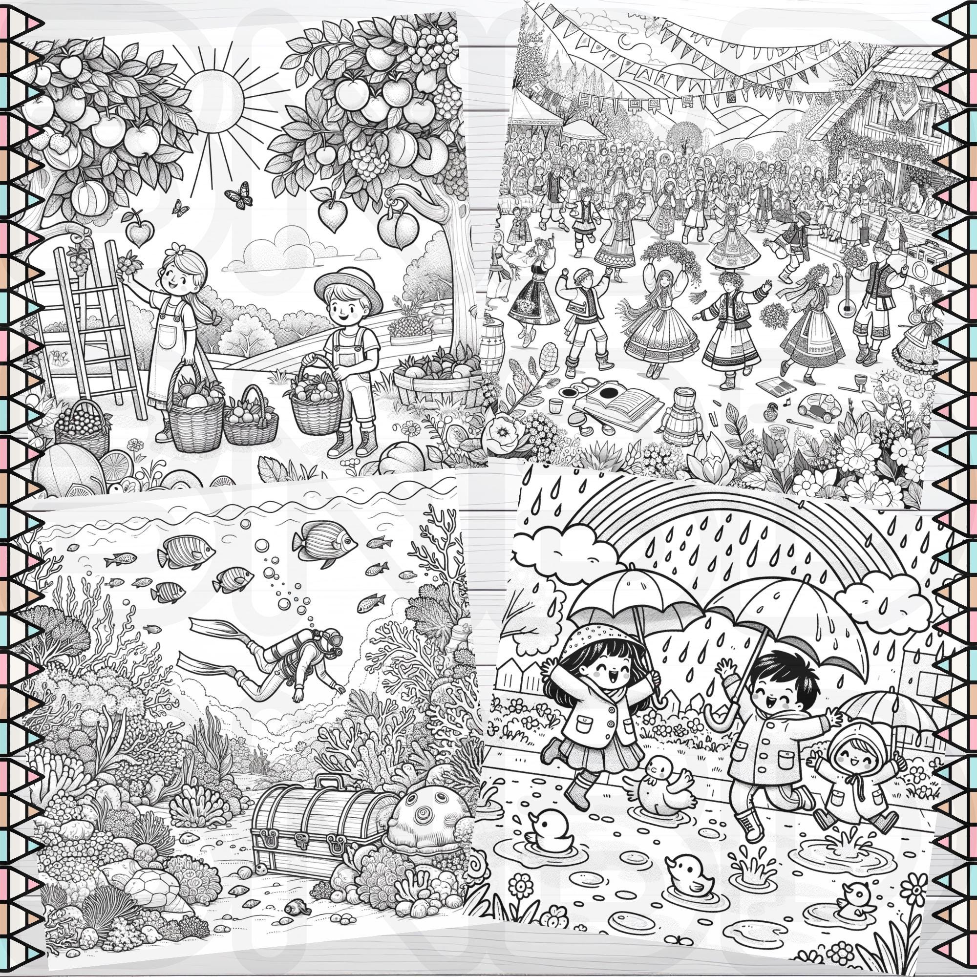 43 Seasons Change Coloring Pages, 8.5x8.5", Grayscale Shaded Pictures ...