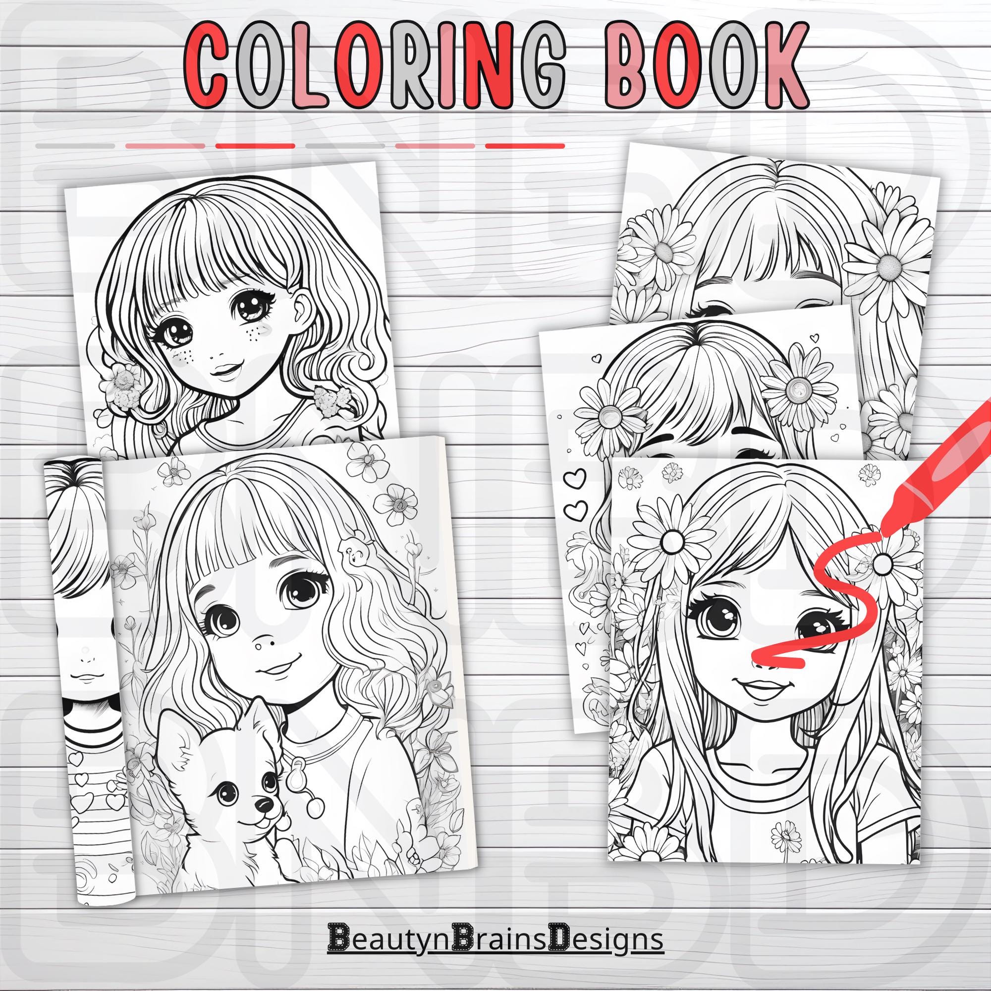 53 Cute Kawaii Girls Coloring Book, Shaded and Grayscale, Kawaii Girl ...