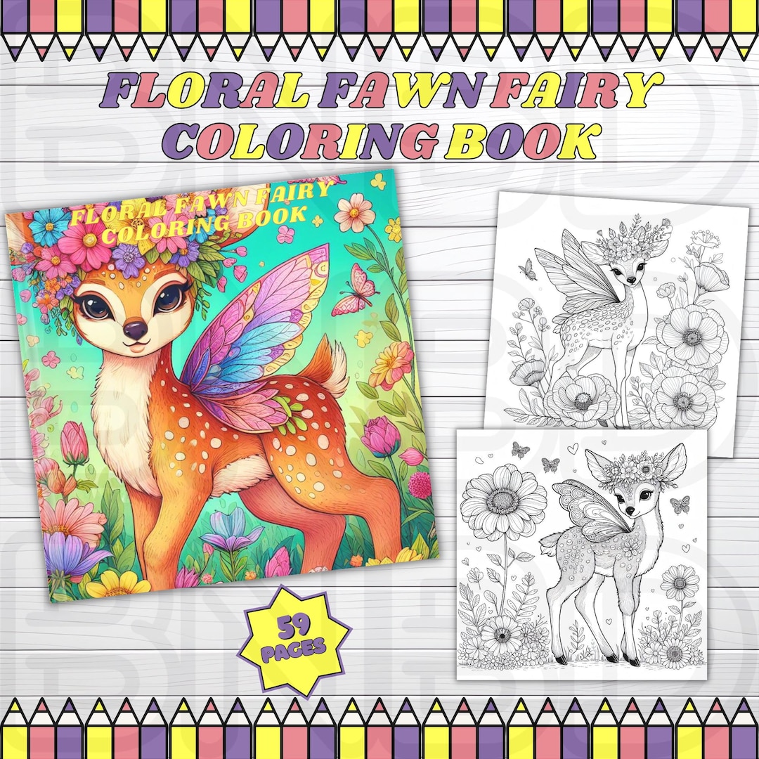 59 Floral Fawn Fairy Coloring Book, Grayscale, Kawaii Baby Deer, Fawn ...