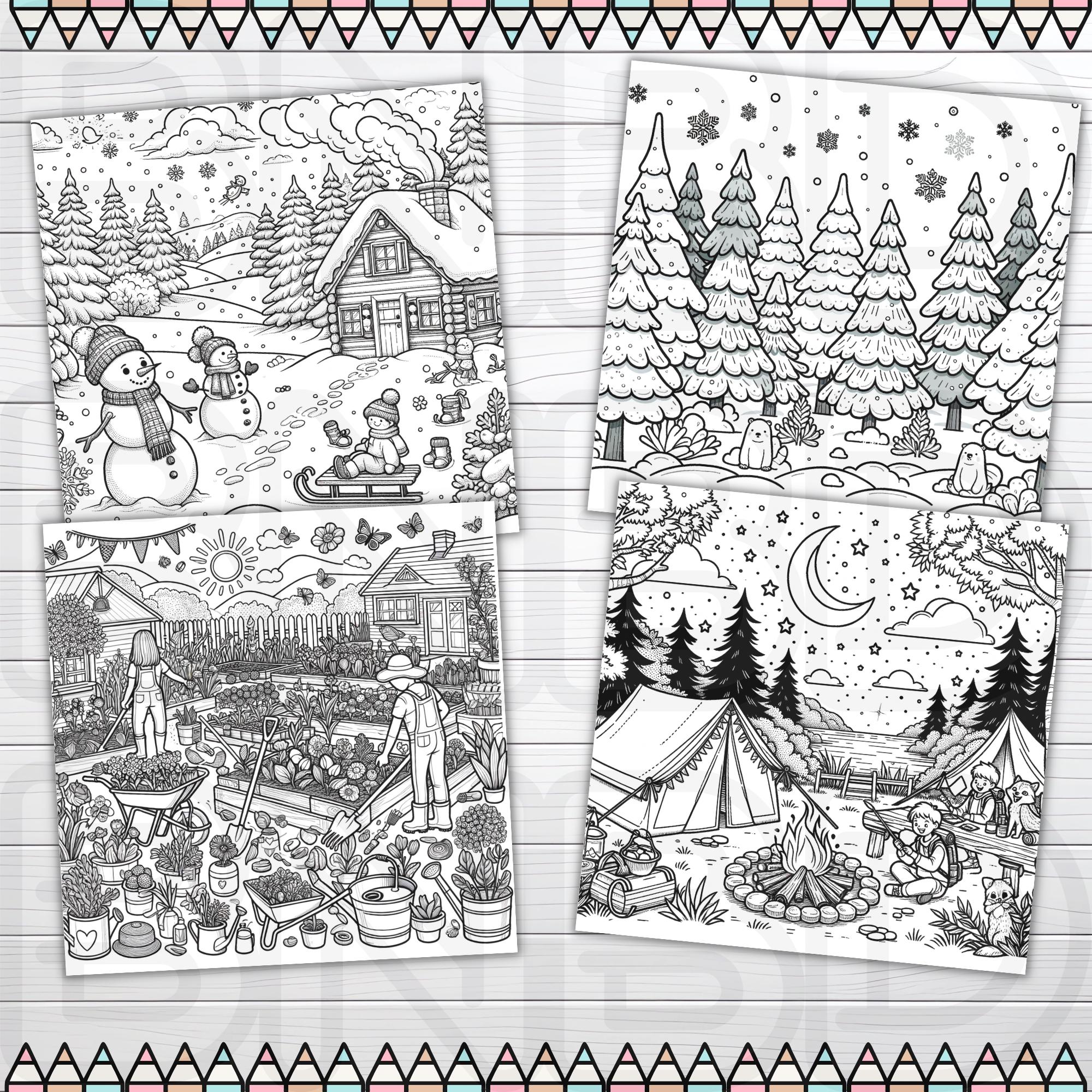 43 Seasons Change Coloring Pages, 8.5x8.5", Grayscale Shaded Pictures ...