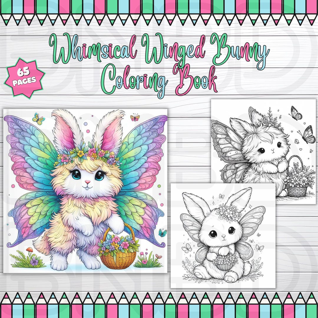 65 Whimsical Winged Bunny Coloring Book, Grayscale, Bunny Illustrations ...