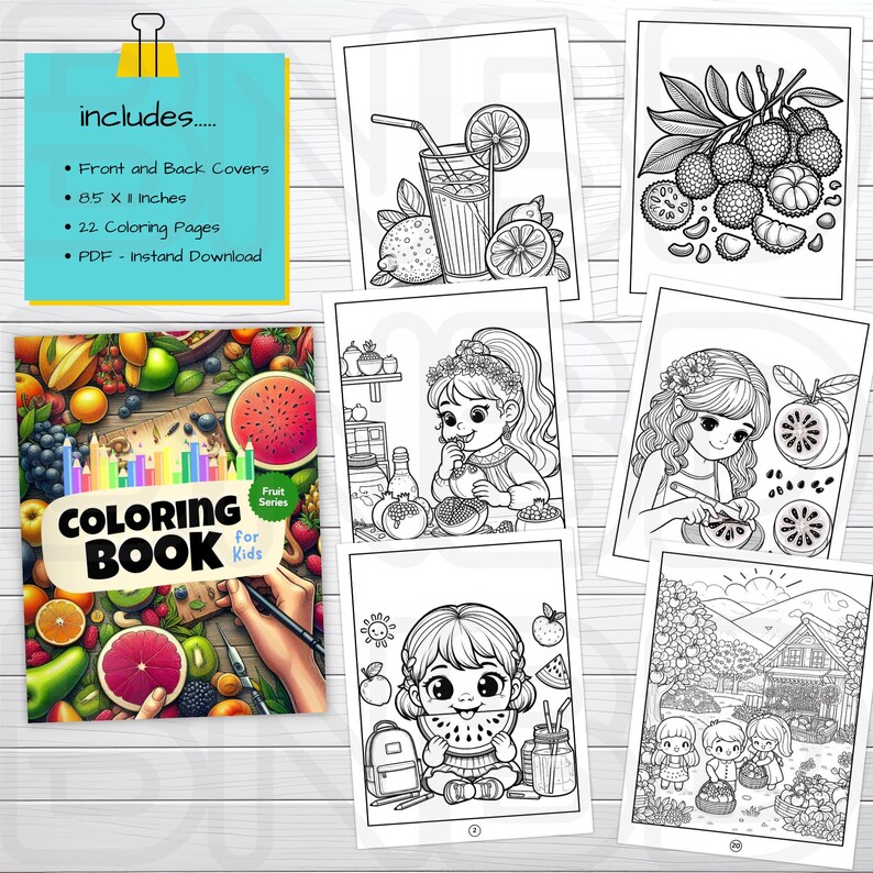 22 Fruit Themed Coloring Book, Kids Coloring Book, Printable Coloring ...