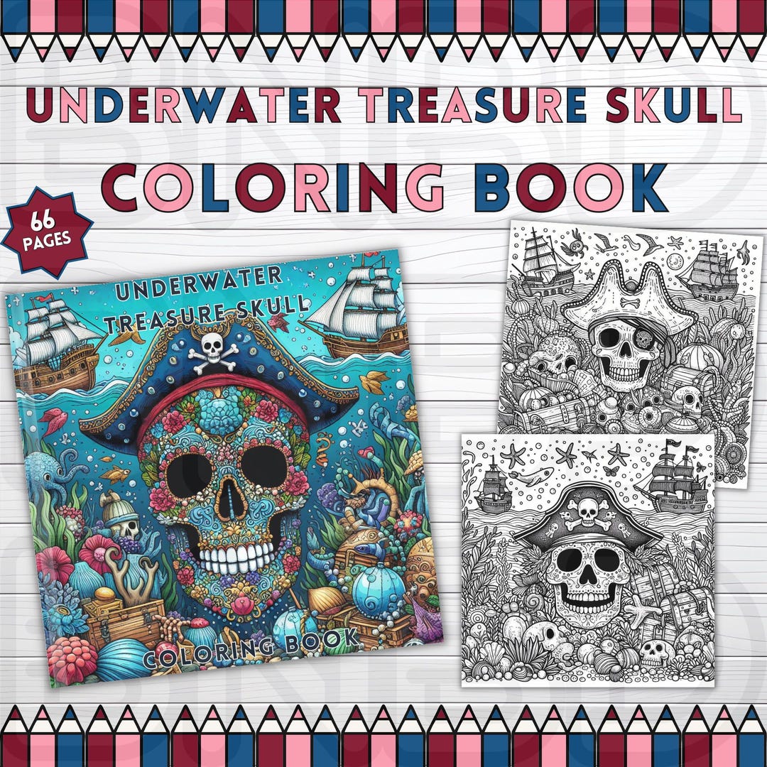 66 Underwater Treasure Skull Coloring Book, Grayscale, Eerie Artwork ...