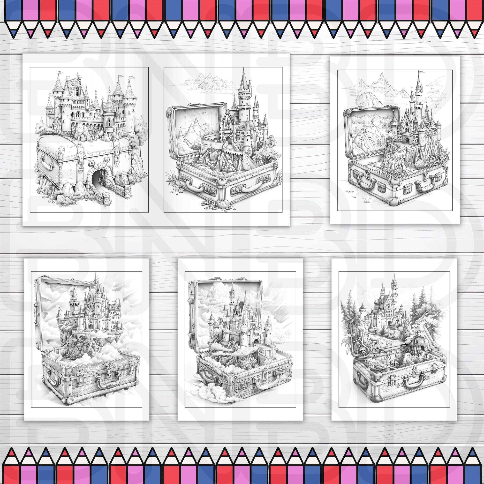 35 Tiny Castle Inside a Suitcase Coloring Book, Grayscale Coloring ...