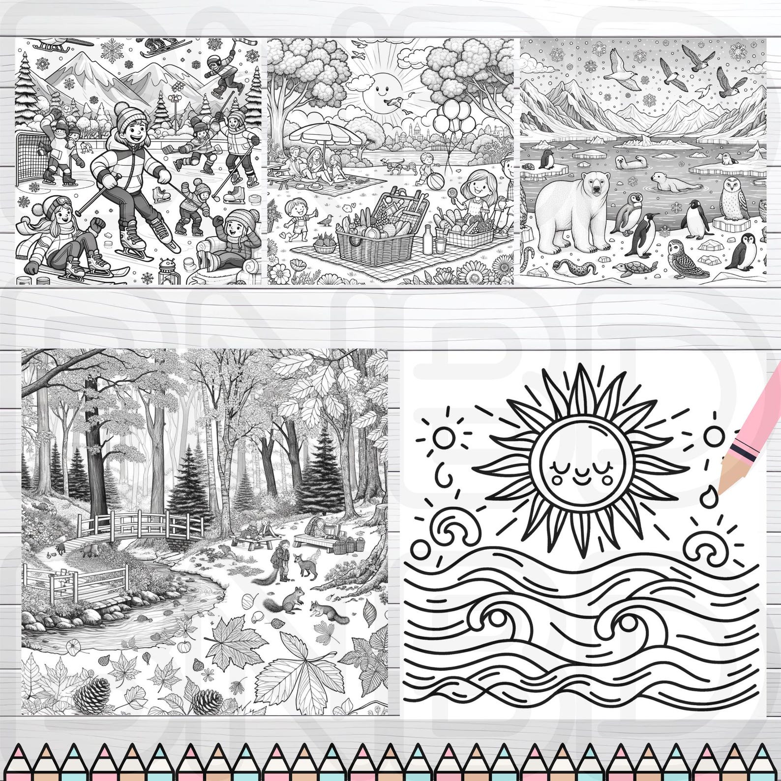 43 Seasons Change Coloring Pages, 8.5x8.5", Grayscale Shaded Pictures ...