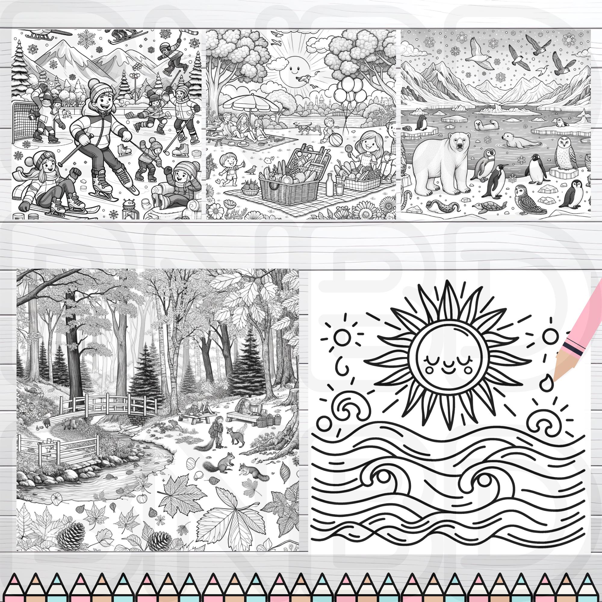 43 Seasons Change Coloring Pages, 8.5x8.5", Grayscale Shaded Pictures ...
