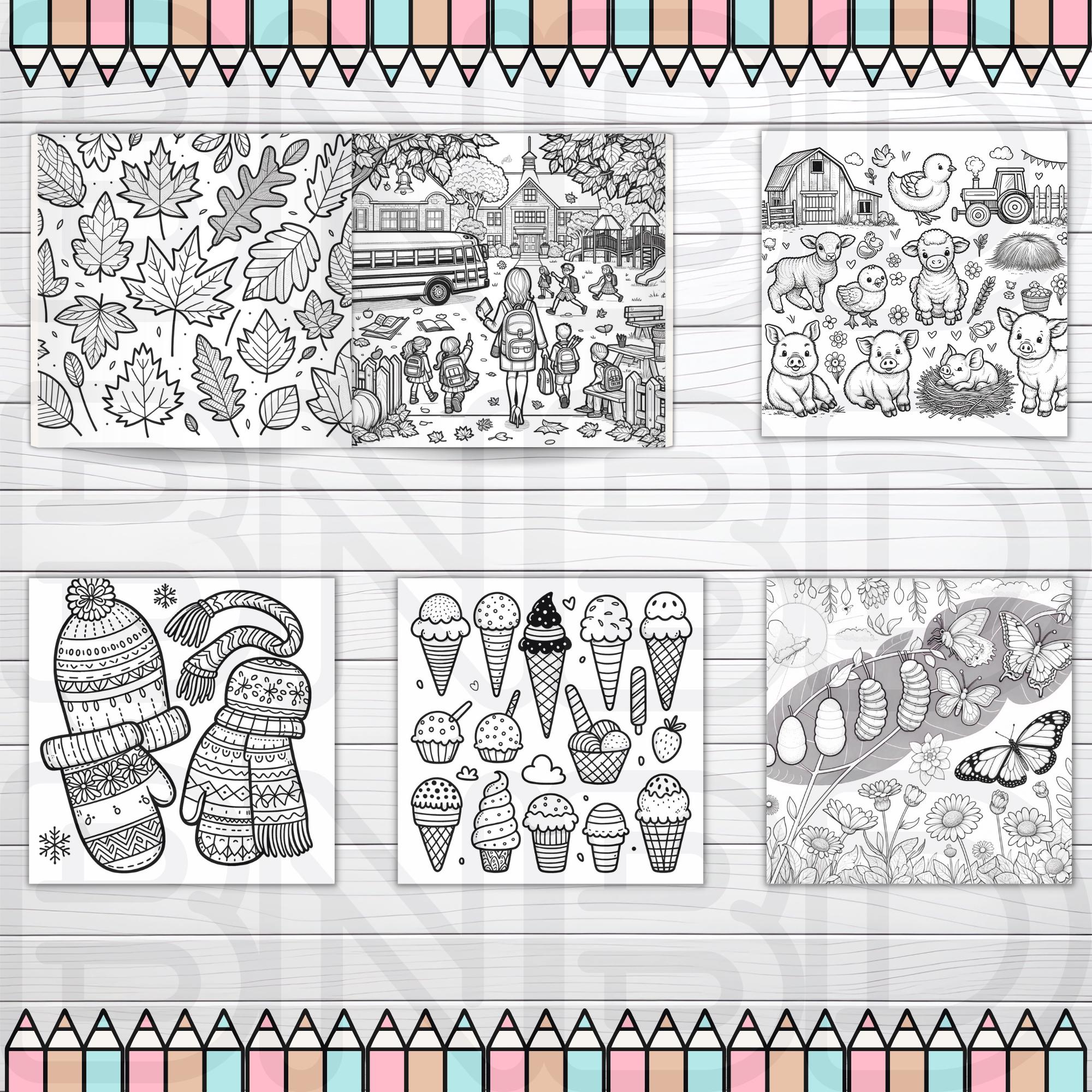43 Seasons Change Coloring Pages, 8.5x8.5", Grayscale Shaded Pictures ...
