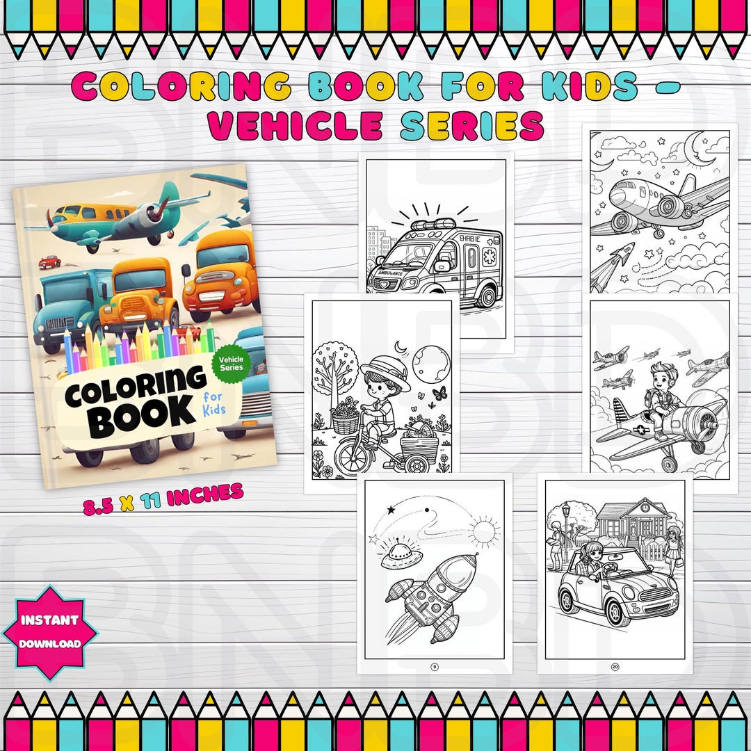 22 Vehicle Themed Coloring Book, Kids Coloring Book, Printable Coloring ...