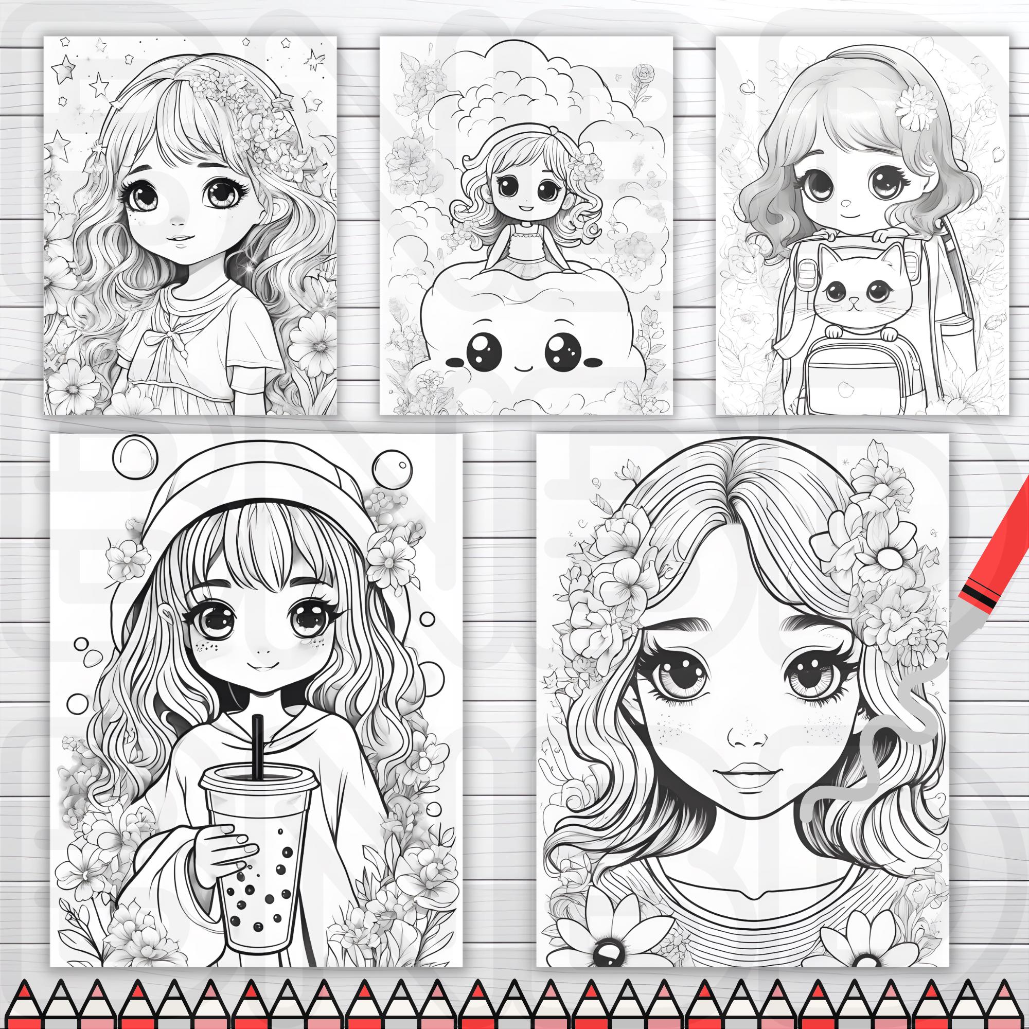53 Cute Kawaii Girls Coloring Book, Shaded and Grayscale, Kawaii Girl ...