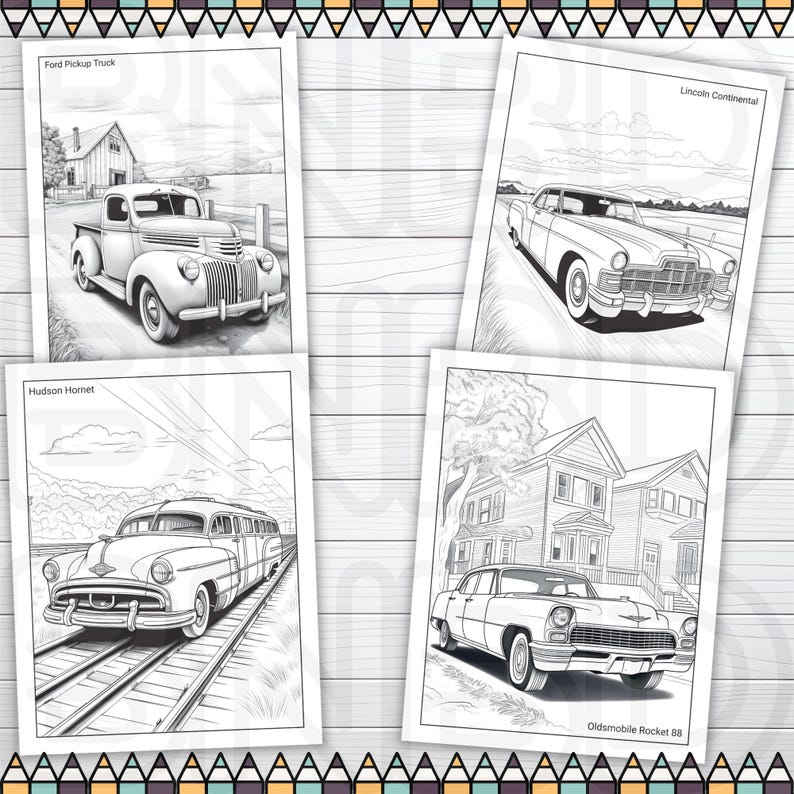 40 Vintage Cars Coloring Pages, Shaded and Grayscale, Classic Cars and ...