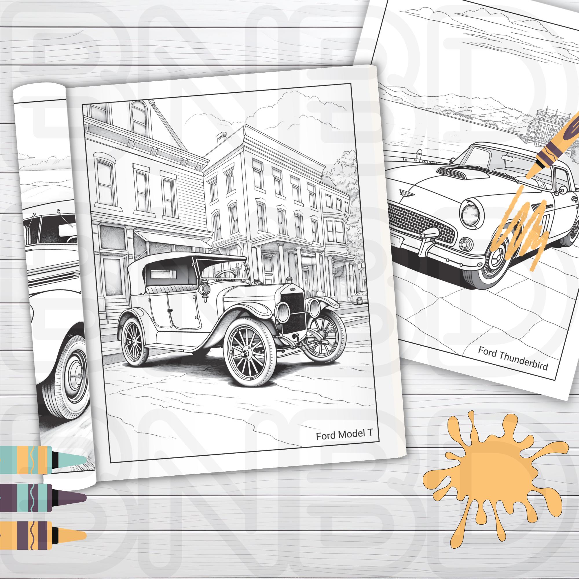 40 Vintage Cars Coloring Pages, Shaded and Grayscale, Classic Cars and ...